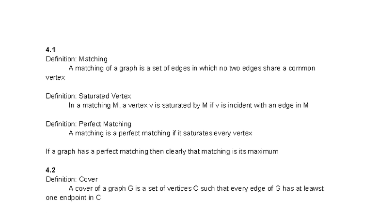 Math 239-M4: Graph Matching and Cover Definitions & Theorems - Studocu