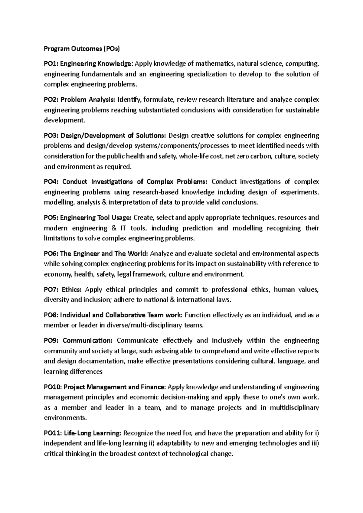 Program Outcomes (POs) for Engineering: Knowledge & Skills Overview ...