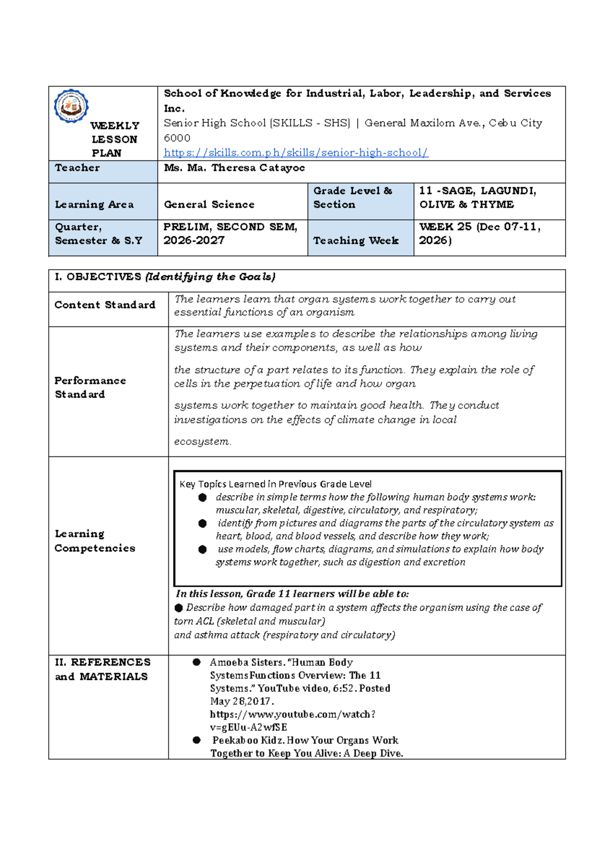 Week 25 General Science Lesson Plan (Grade 11) - S.Y. 2026-2027 - Studocu