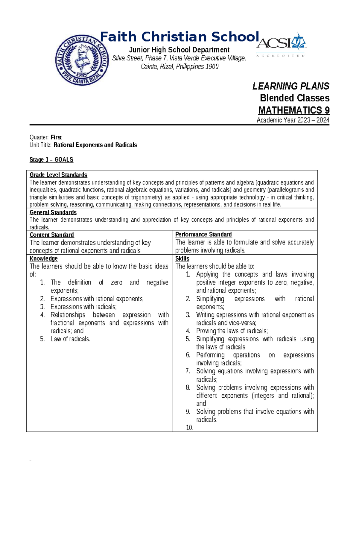 Grade 9 Math 9 Q1 Lesson Plan: Rational Exponents & Radicals - Studocu
