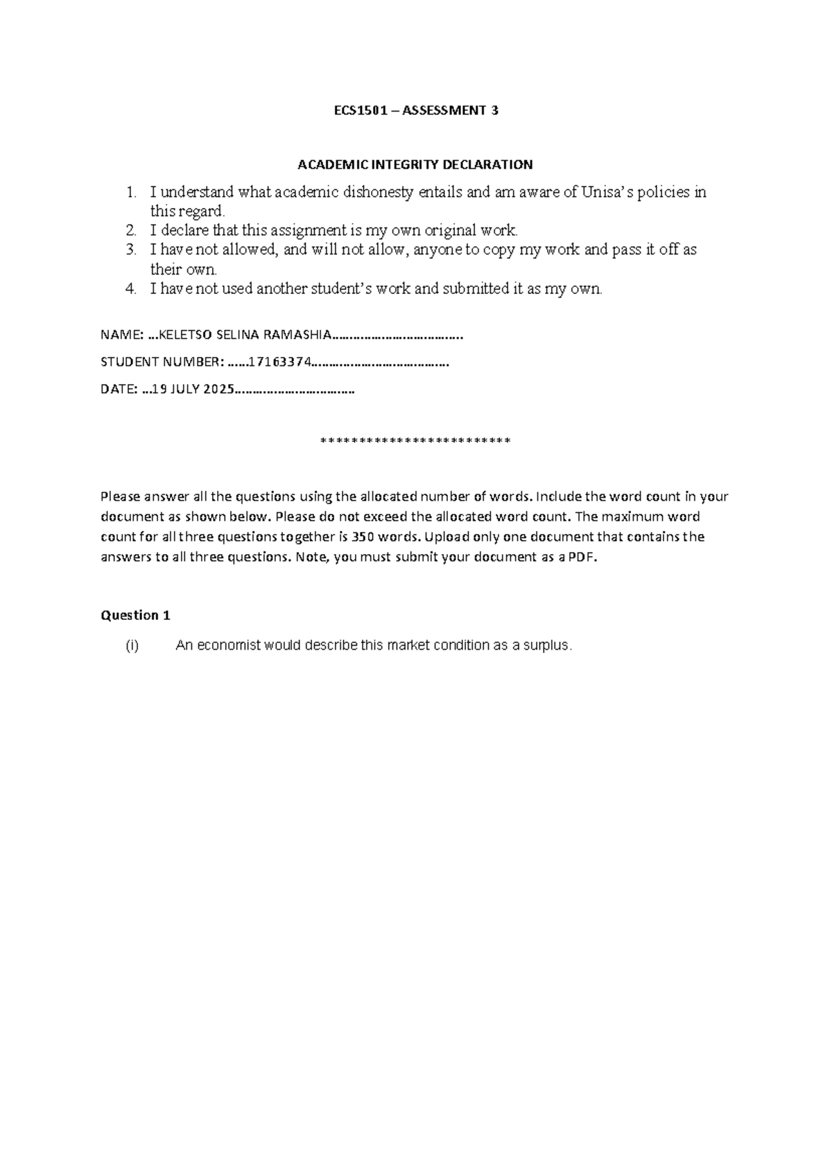 ECS1501 Assessment 3: Academic Integrity Declaration & Q&A - Studocu
