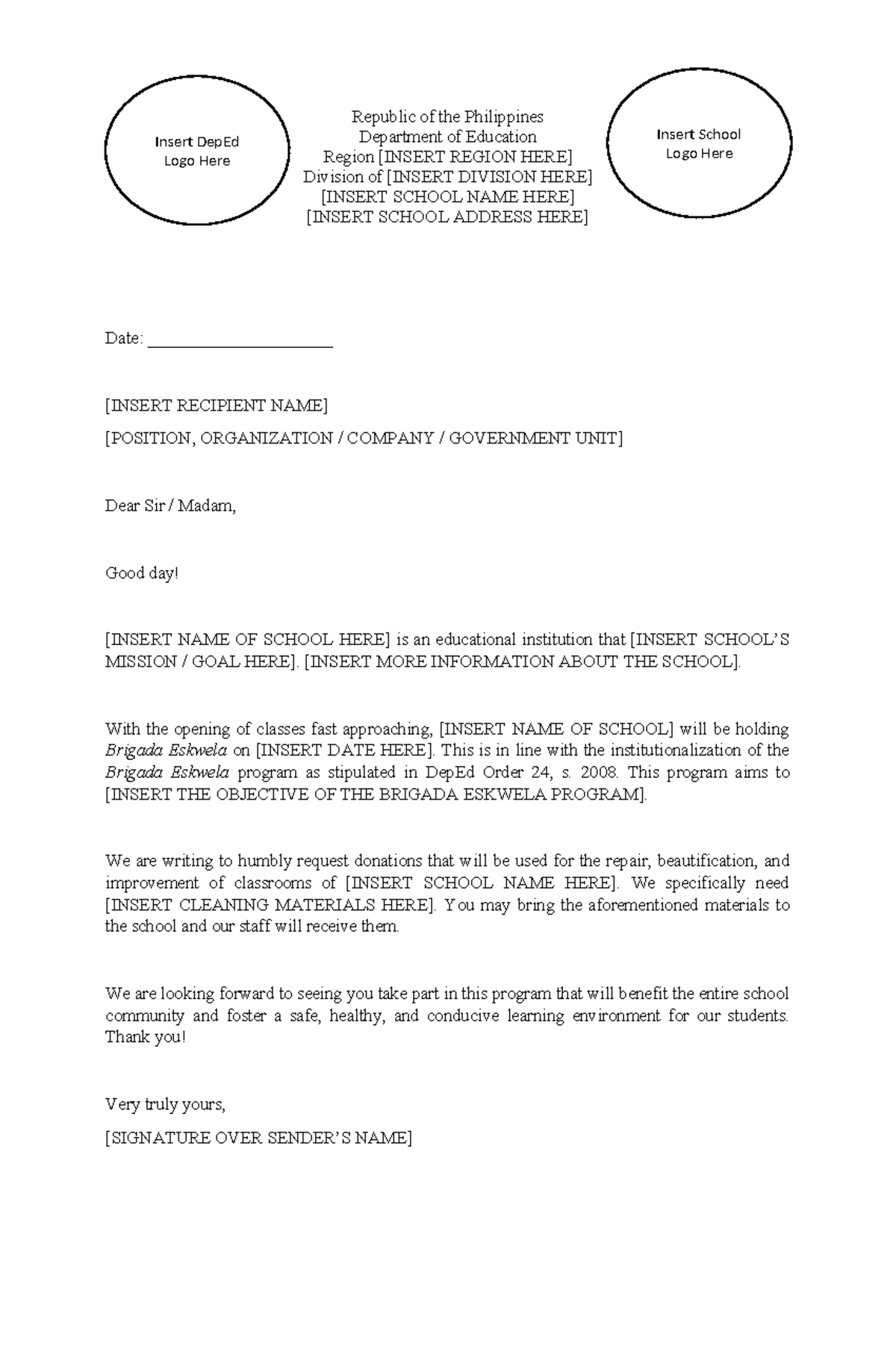 Brigada Eskwela Solicitation Letter Template for Schools in the ...