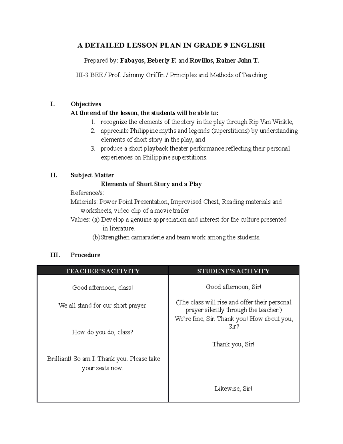 Grade 9 English Detailed Lesson Plan: Exploring Short Story Elements ...