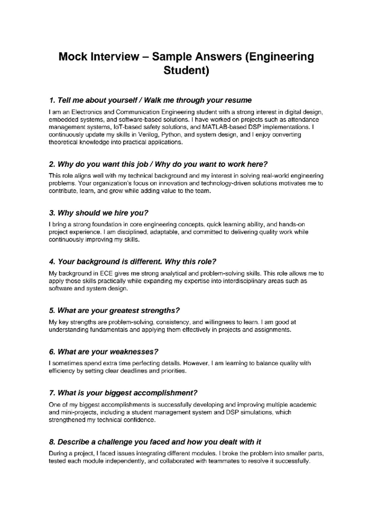 Mock Interview Sample Answers for ECE Students - Studocu