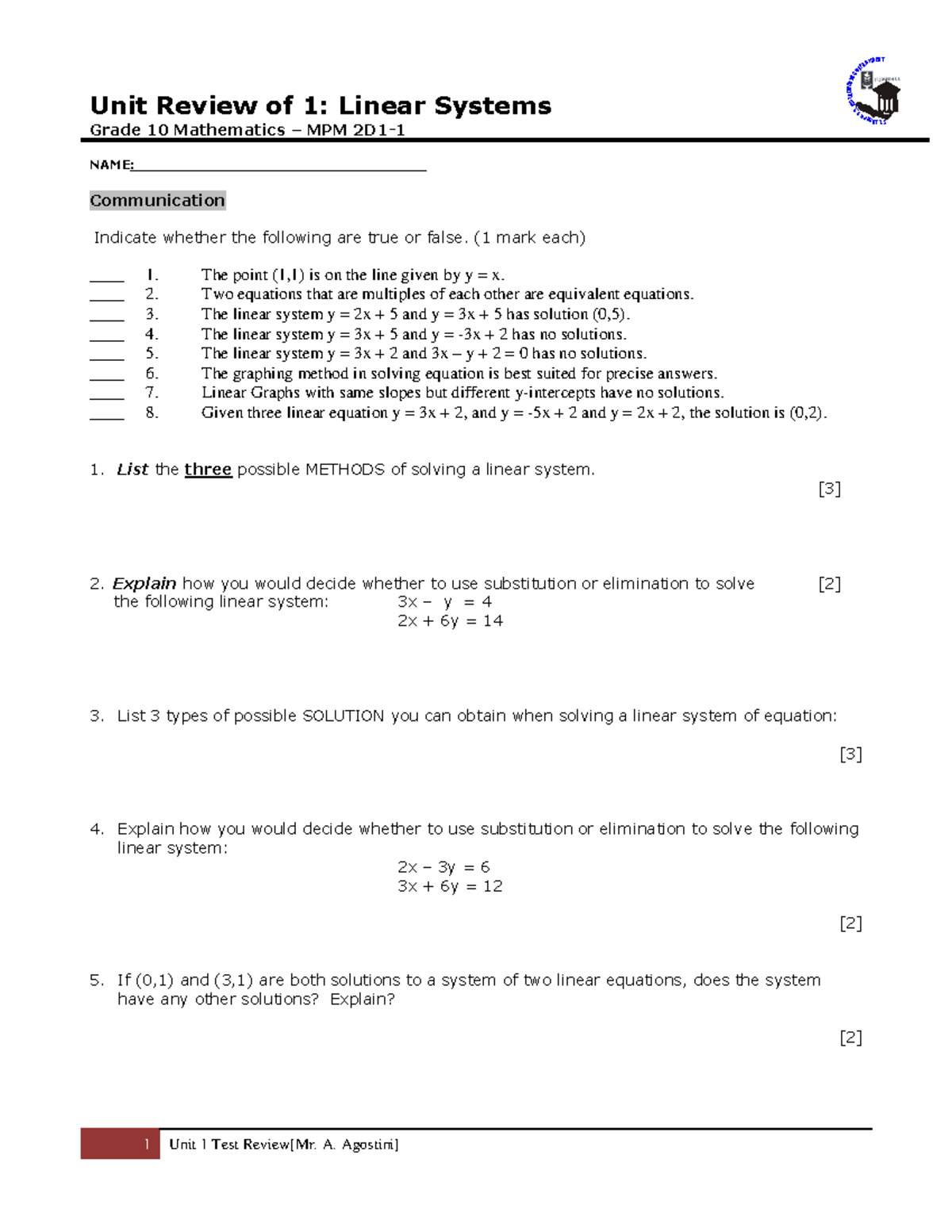 Linear systems sample test - Unit Review of 1: Linear Systems Grade 10 ...