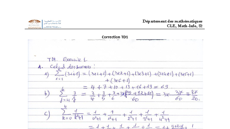 Corrigé TD1 - Academic - concour d'acces a l ENA - CLE, Math-Info, S ...