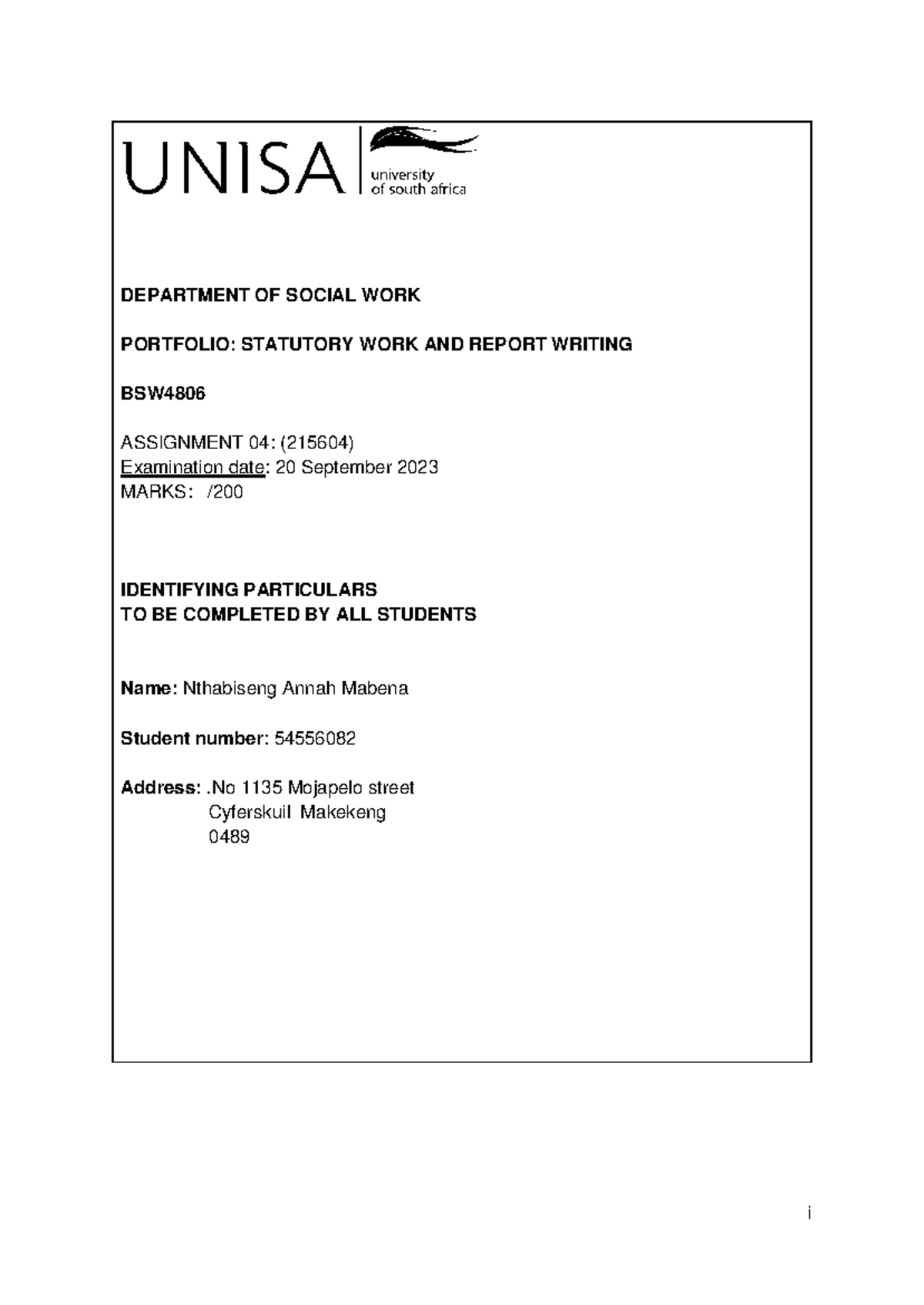 BSW4806 Portfolio: Statutory Work & Report Writing Assignment 04 - Studocu