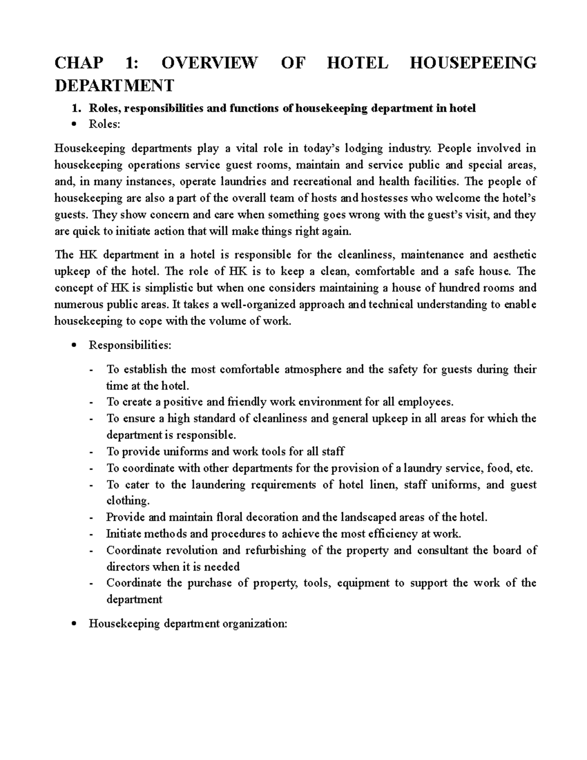 Housekeeping Overview: Roles, Responsibilities & Procedures (HOSP 101 ...
