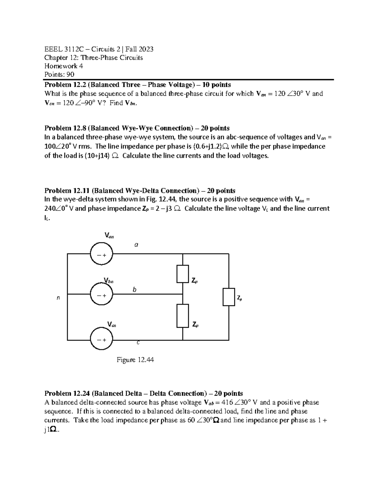 HW-4: Three-Phase Circuits Problems - EEEL 3112C Fall 2023 - Studocu