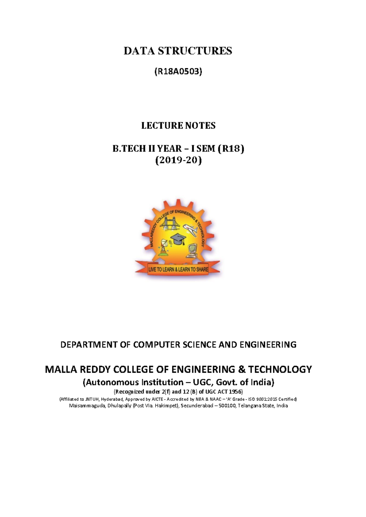 DATA STRUCTURES (R18A0503) LECTURE NOTES - B.TECH II YEAR I SEM - Studocu