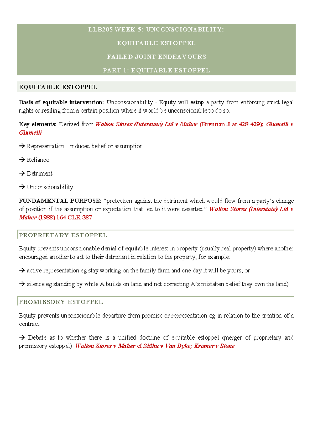 LLB205 Week 5: Unconscionability & Equitable Estoppel Overview - Studocu