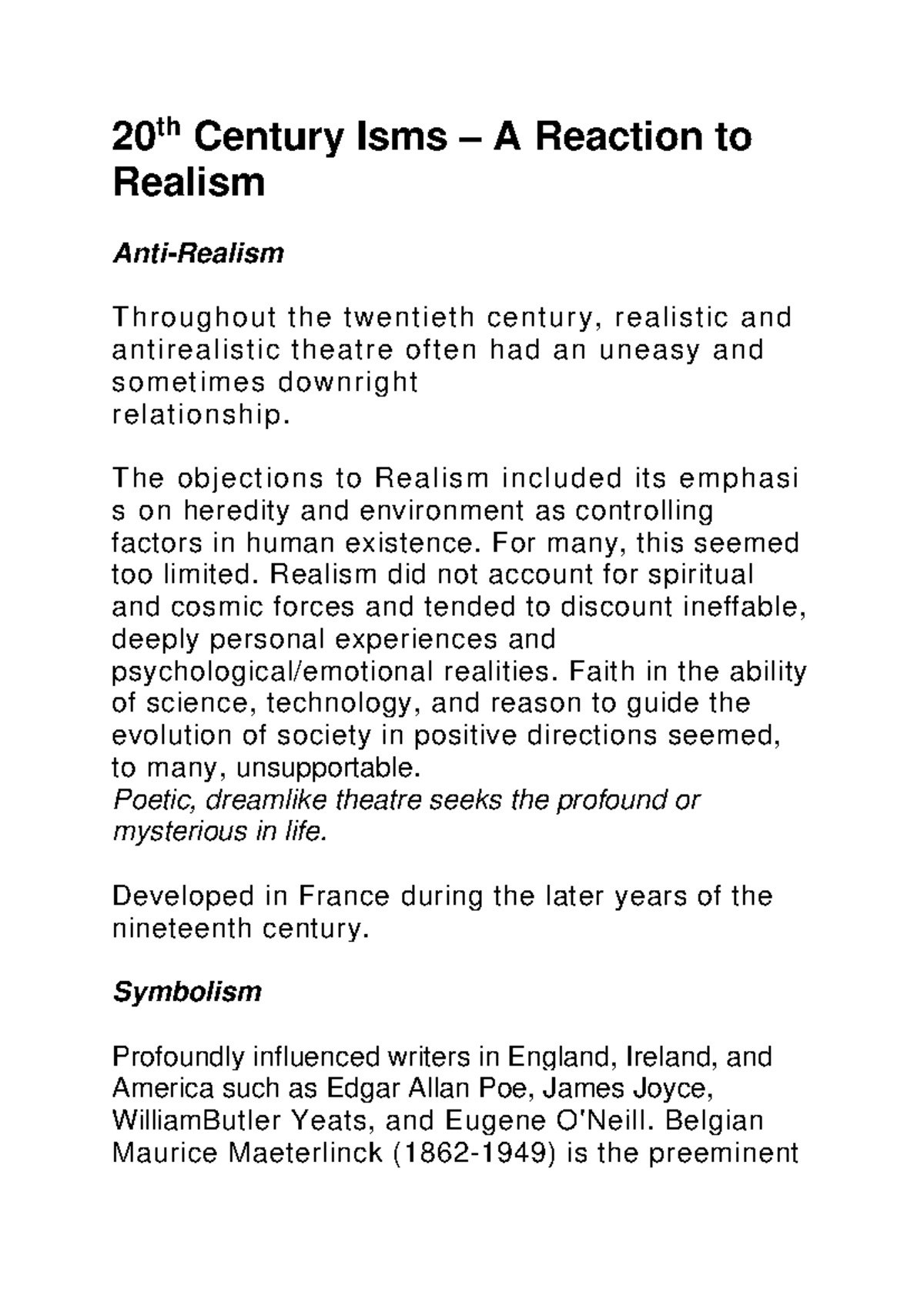 20th Century Isms: A Study Guide on Theatre Movements - Studocu