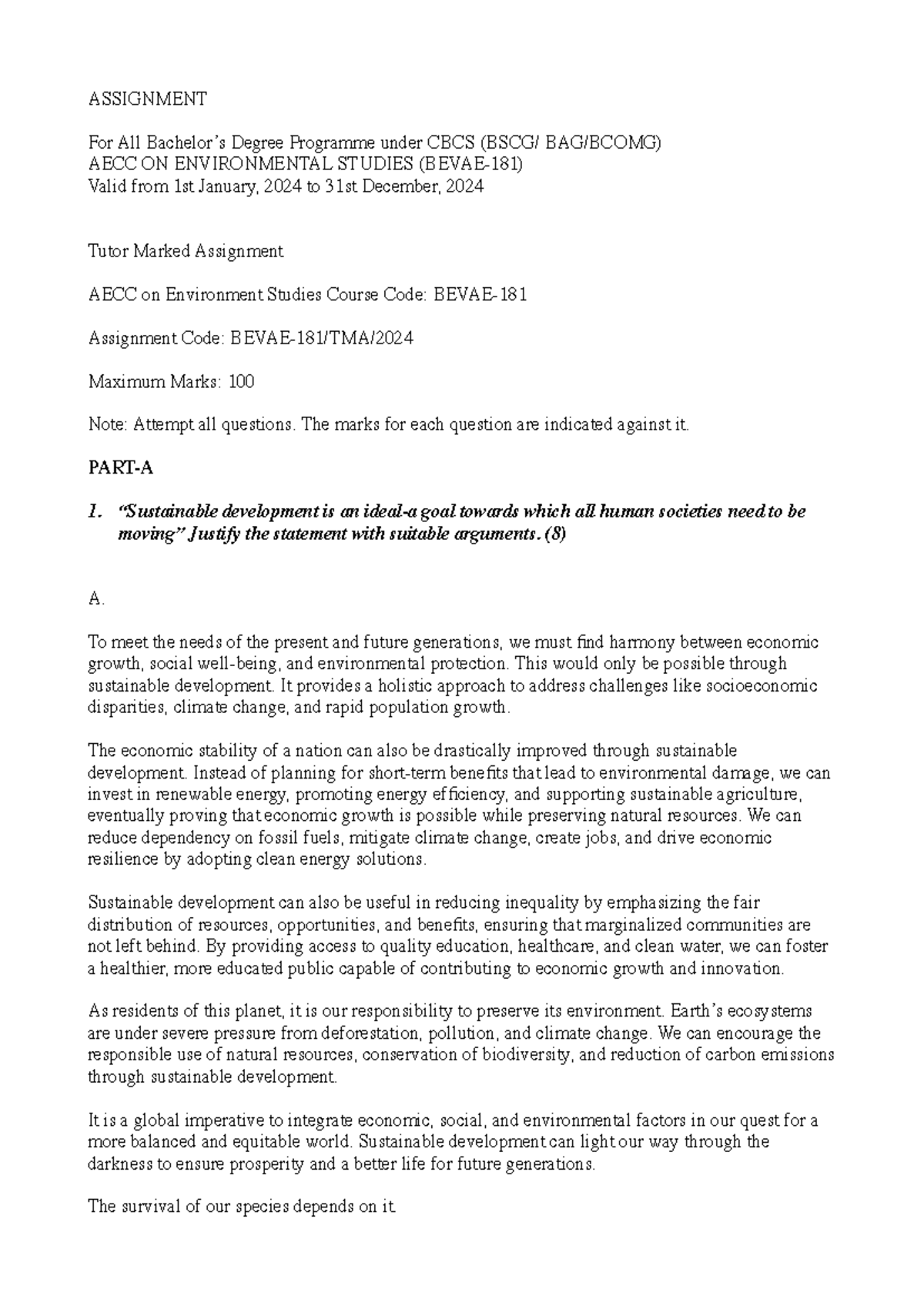 Environmental Studies Assignment - BEVAE-181 Overview - Studocu