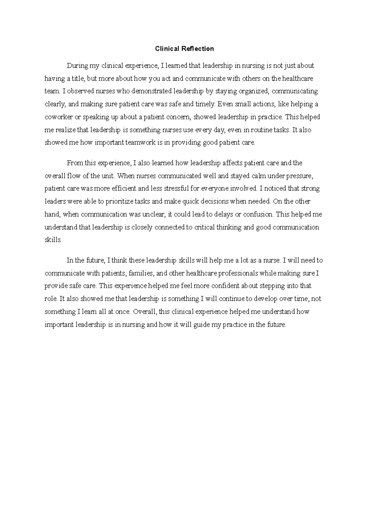 Nursing Leadership Reflection: Insights from Clinical Experience - Studocu