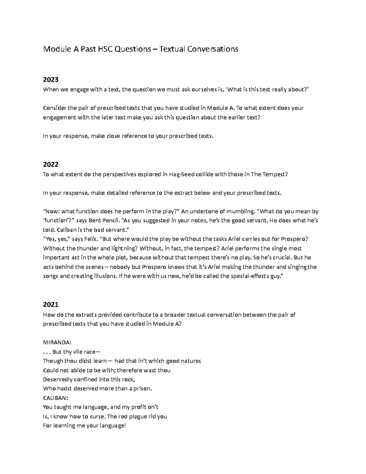 Module A HSC Past Qs: Textual Conversations Analysis - Studocu