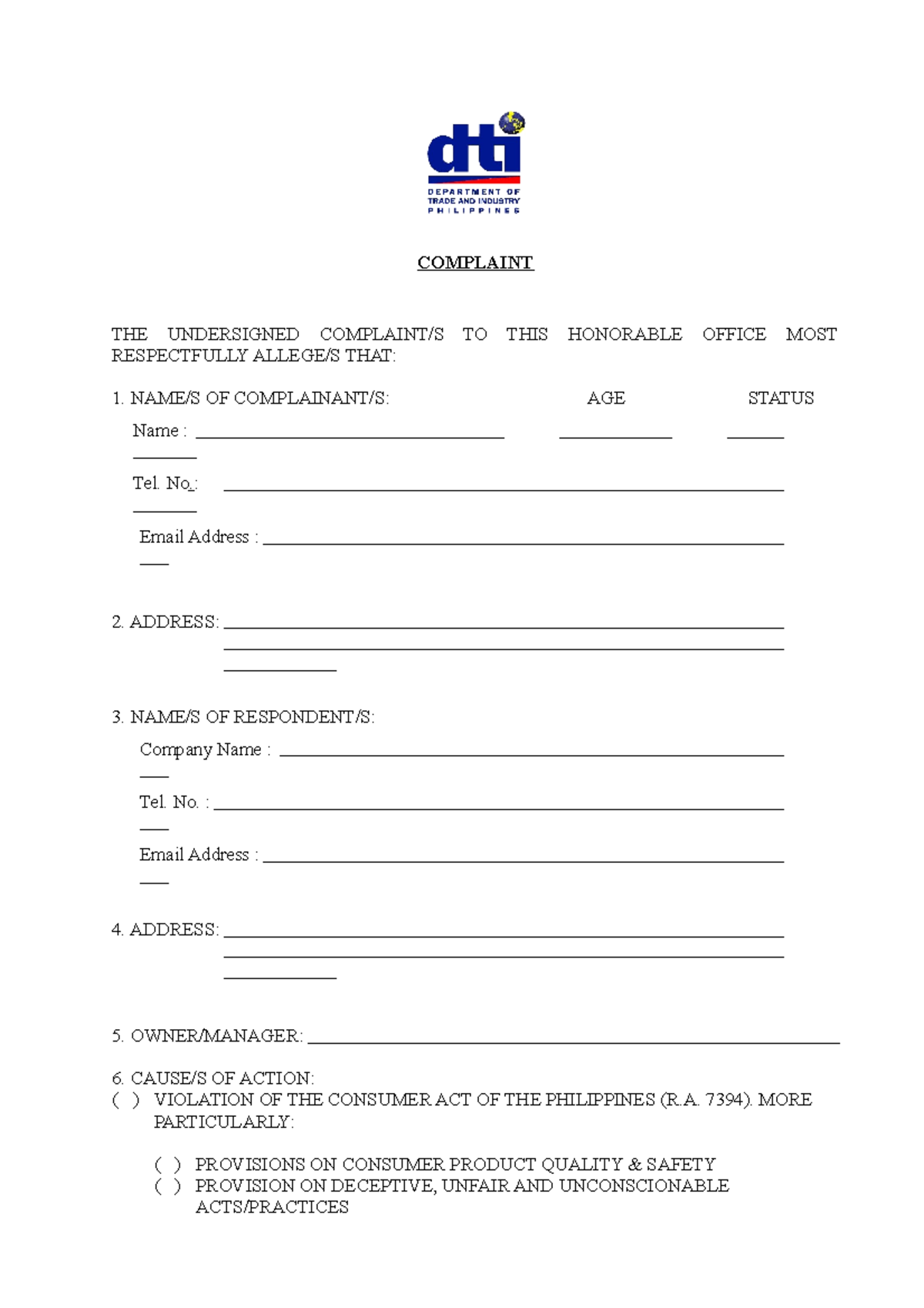 DTI Complaint Form Submission Template - Studocu