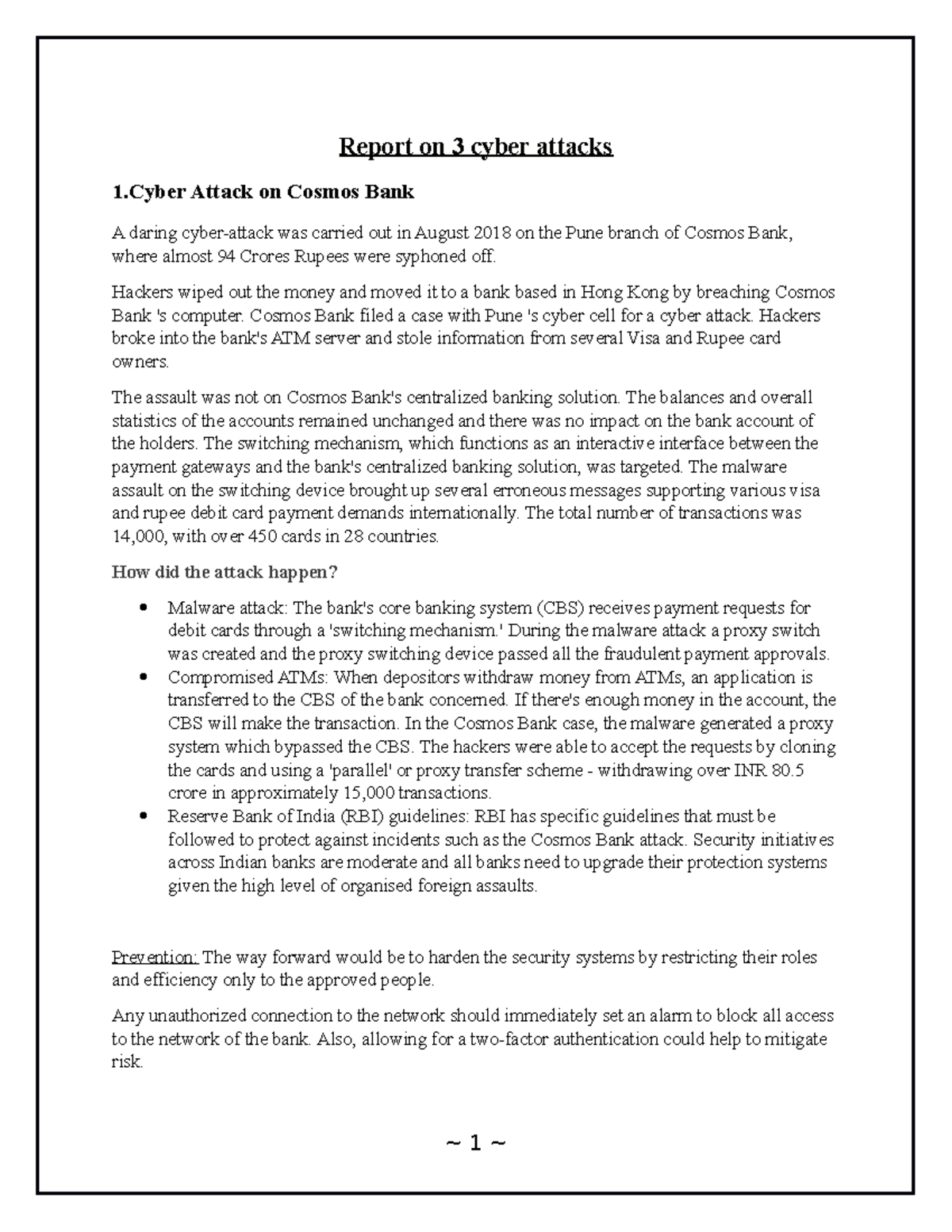 Cyber Attacks Report: Incidents at Cosmos Bank & Canva Insights - Studocu