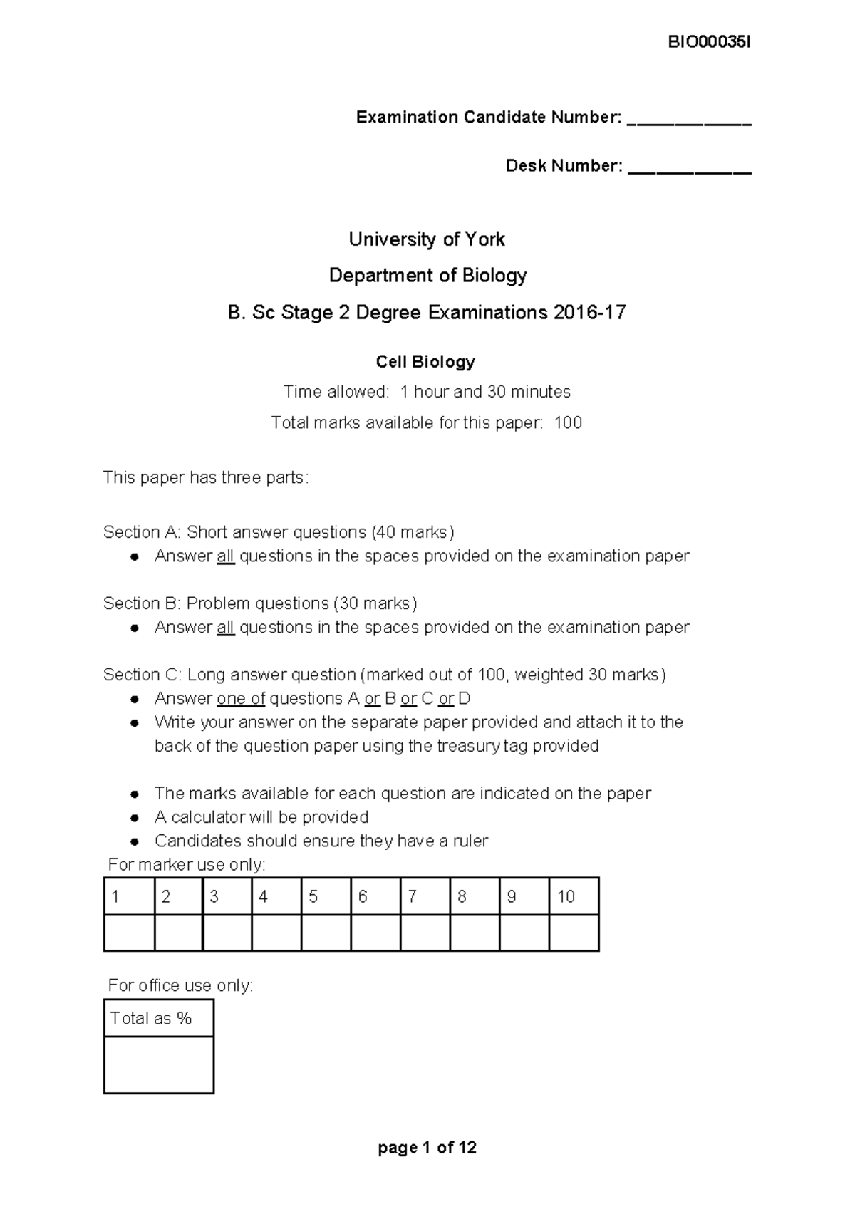 Exam June 2017, questions - BIO00035I Examination Candidate Number ...