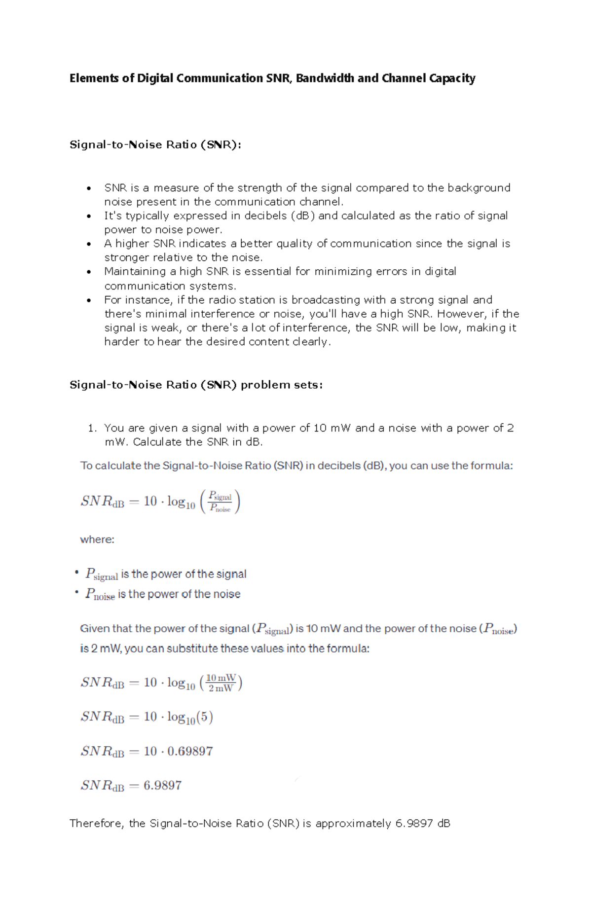 WEEK 5 Lecture 134: SNR, Bandwidth, and Channel Capacity Concepts - Studocu