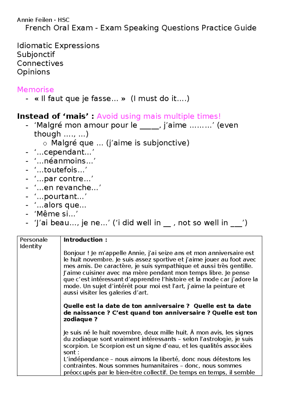 Annie Feilen HSC French Oral Exam Speaking Questions & Practice Guide ...