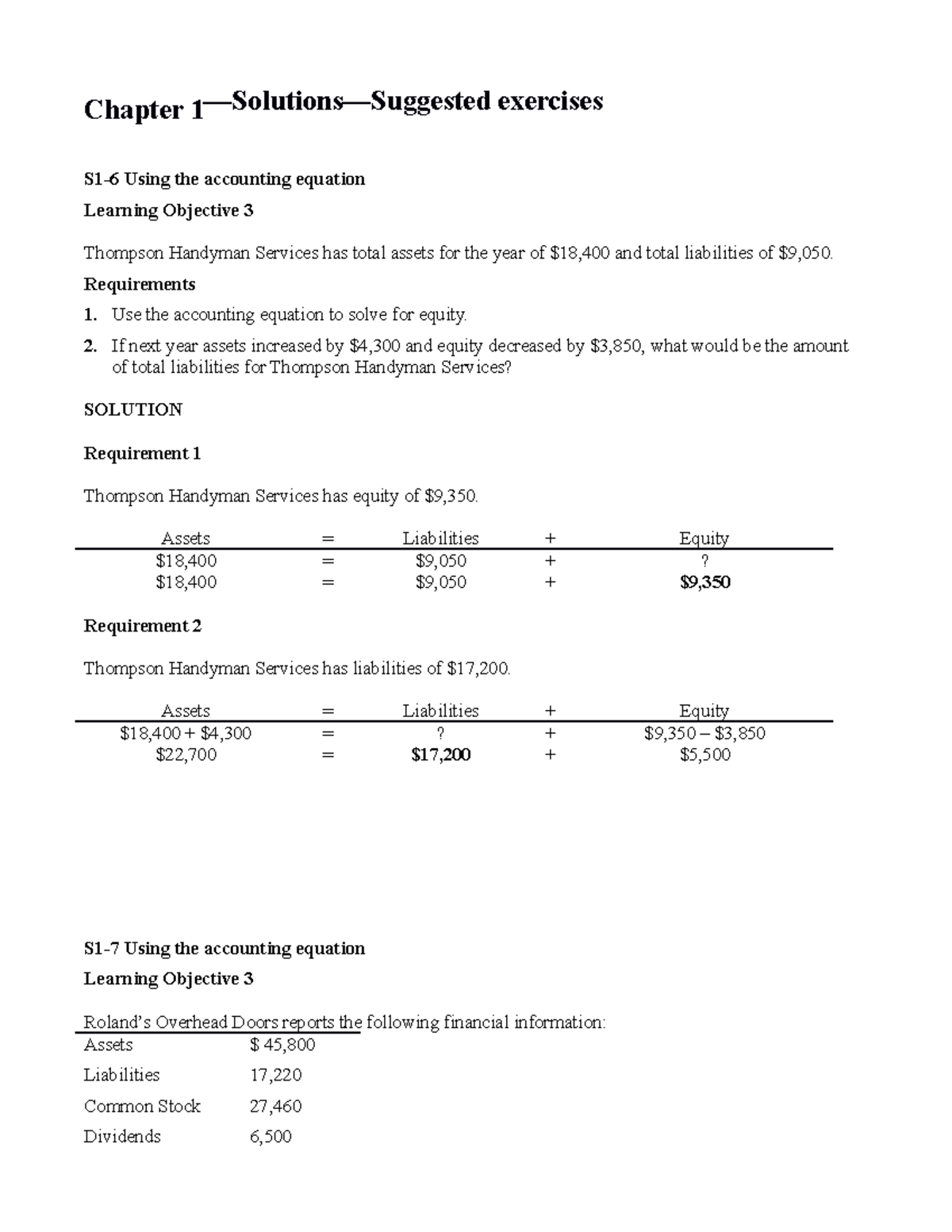 Chapter 1 - Accounting Equation Exercises & Solutions for Course ACC101 ...