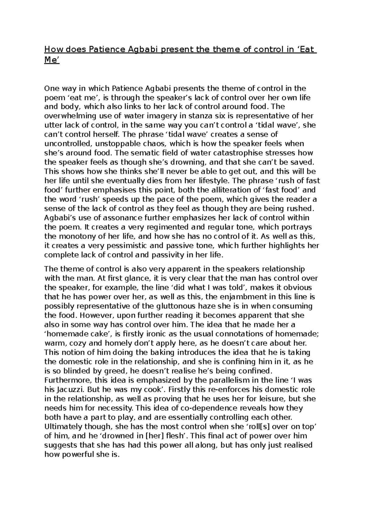 How Control is Presented in Patience Agbabi's Poem 'Eat Me' - Studocu