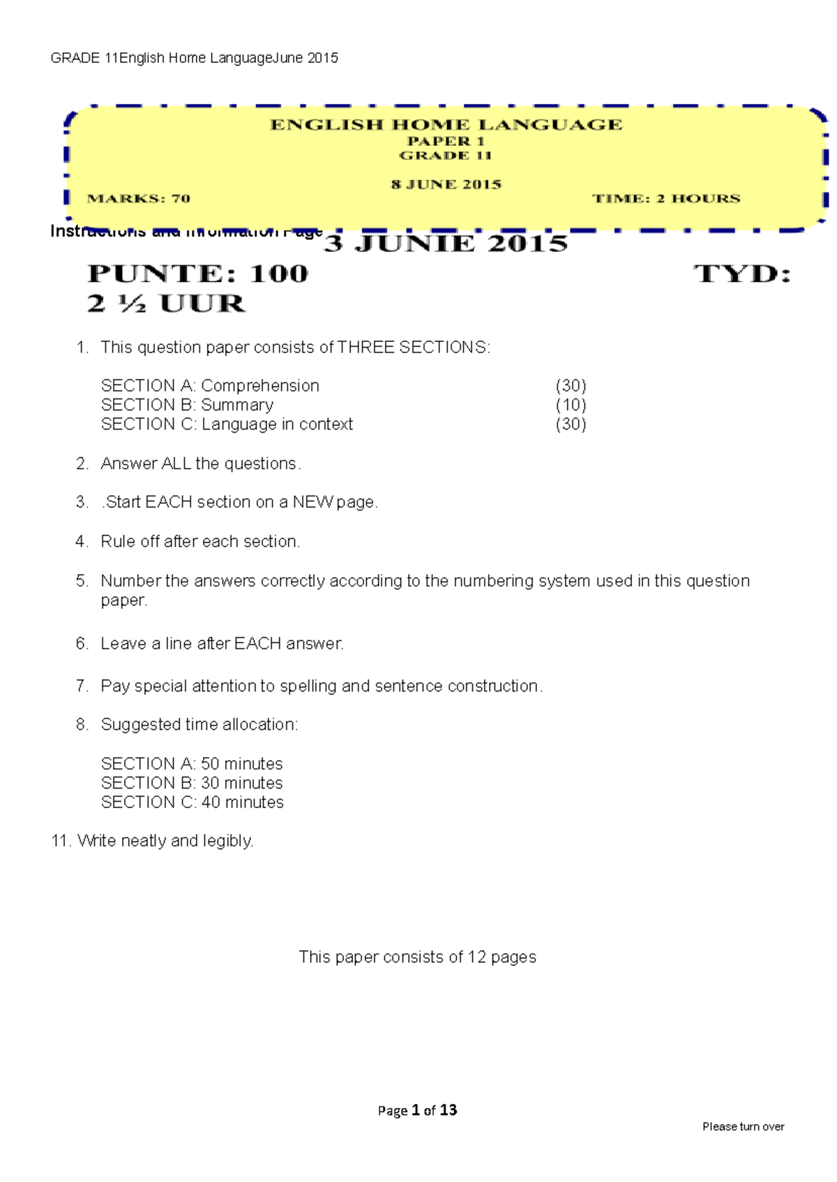 GRADE 11 English Home Language June 2015 Exam: Comprehension, Summary ...