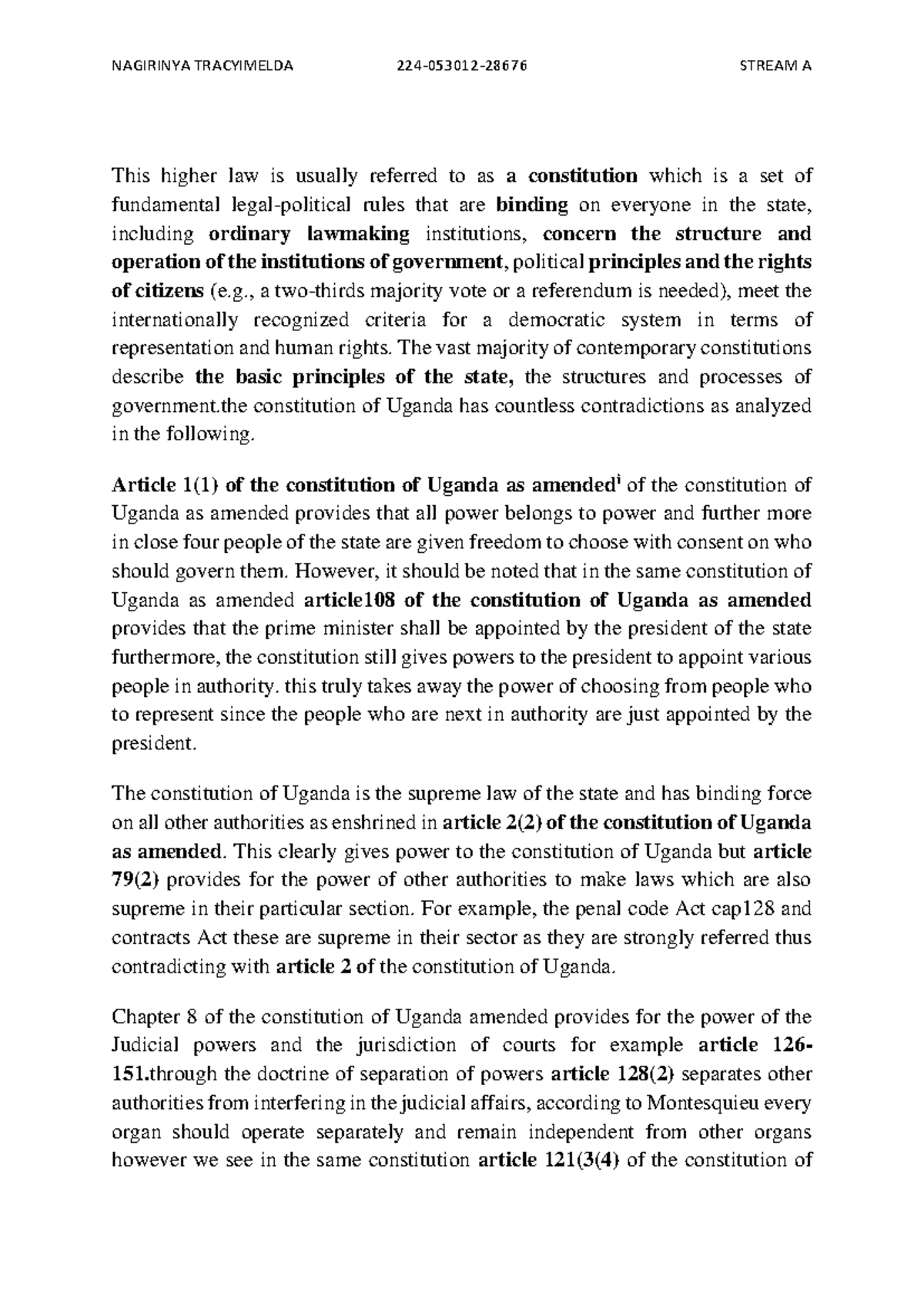 Constitutional Analysis of Uganda: NAGIRINYA TRACYIMELDA STREAM A - Studocu