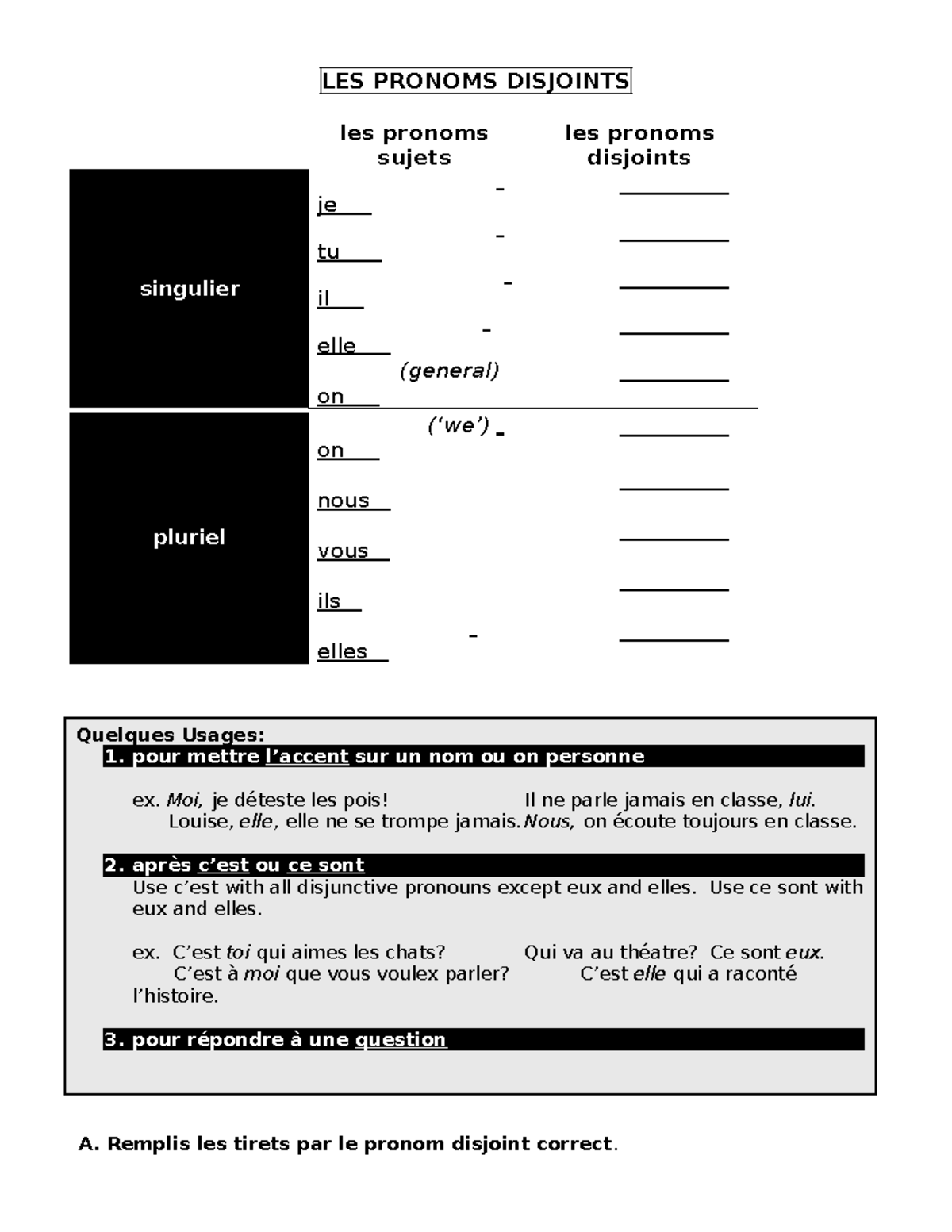 Les pronoms disjoints - Grammaire et Usages (Cours de Français) - Studocu
