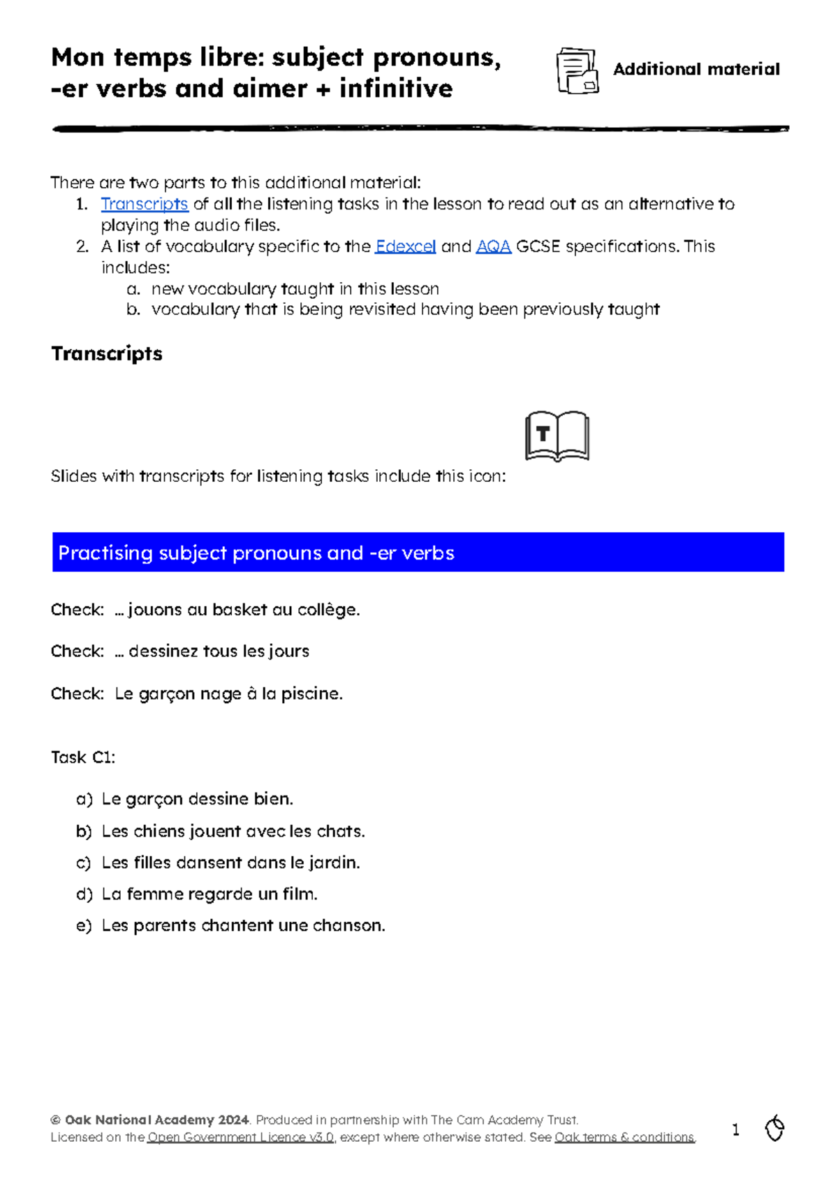 Mon temps libre: subject pronouns, -er verbs and aimer + infinitive ...
