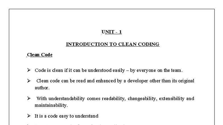UNIT 1: Introduction to Clean Coding Principles and Practices - Studocu