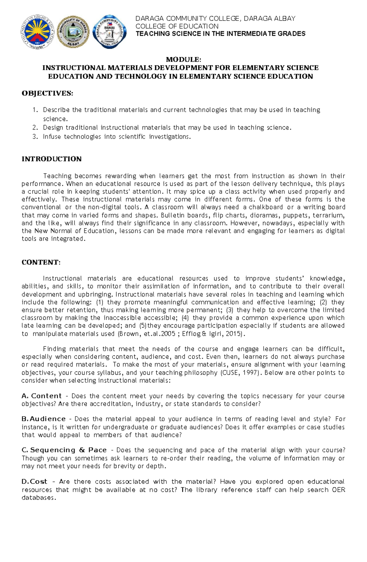 Elementary Science Instructional Materials Development Module - Studocu