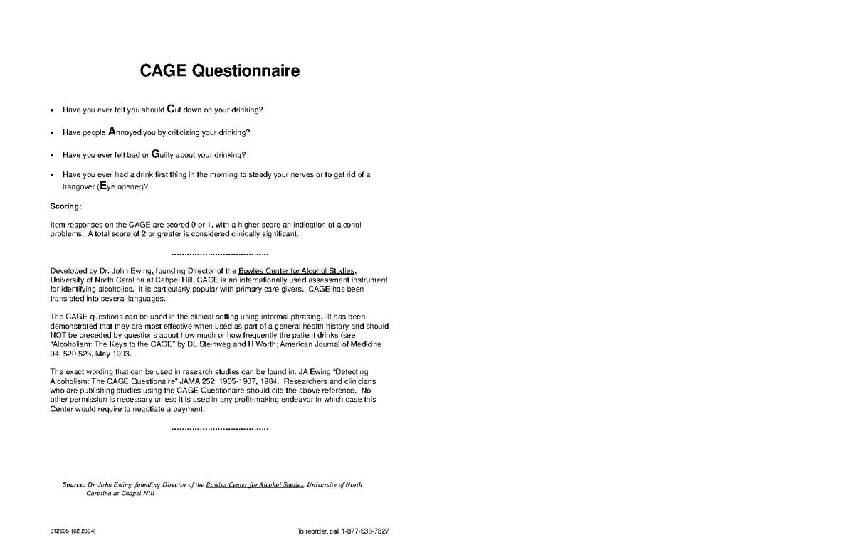 CAGE Questionnaire: A Brief Alcohol Use Assessment Tool - Studocu