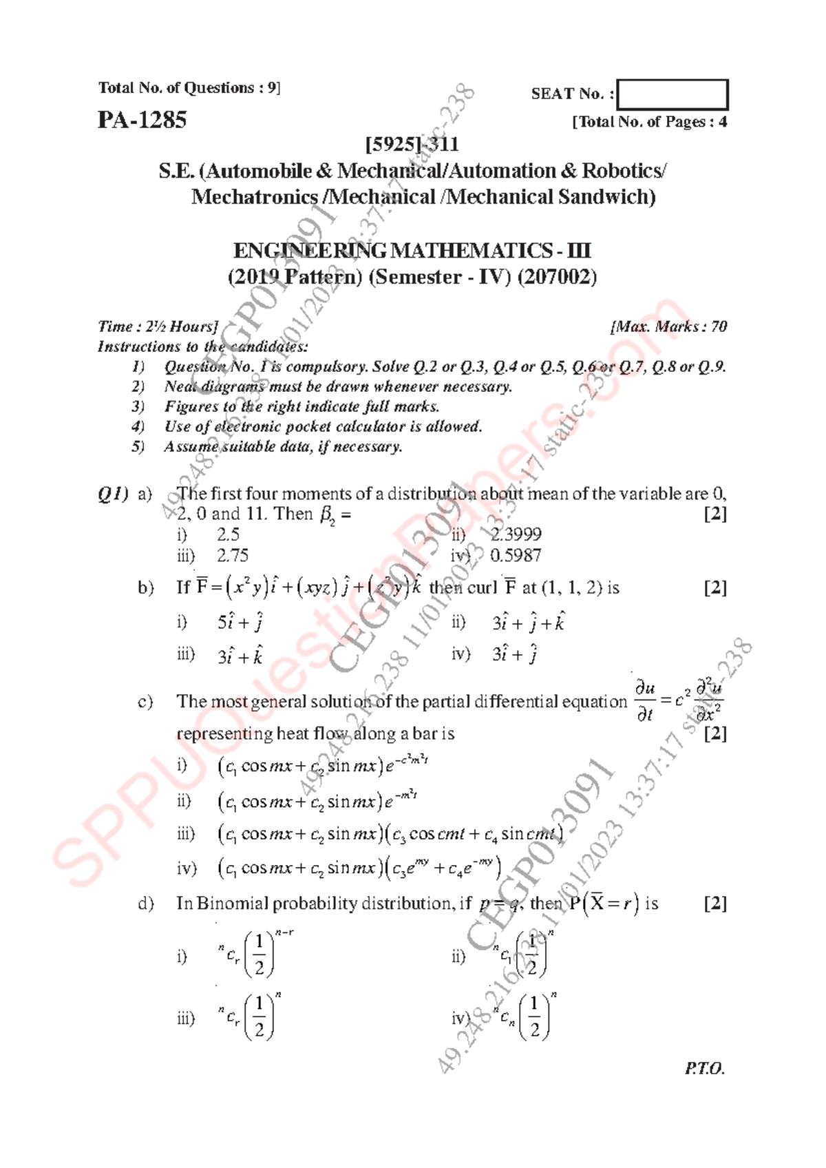 Engineering Mathematics III - M3 Exam Questions (Sem-4, Nov 2022) - Studocu