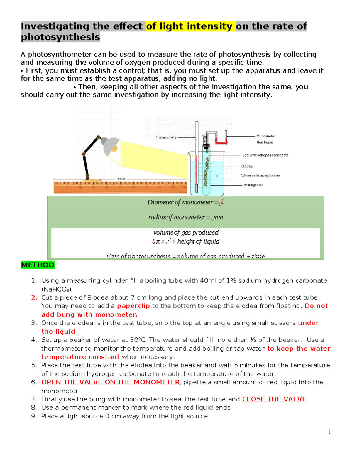 Effect of Light Intensity on Photosynthesis Rate: Lab Experiment - Studocu
