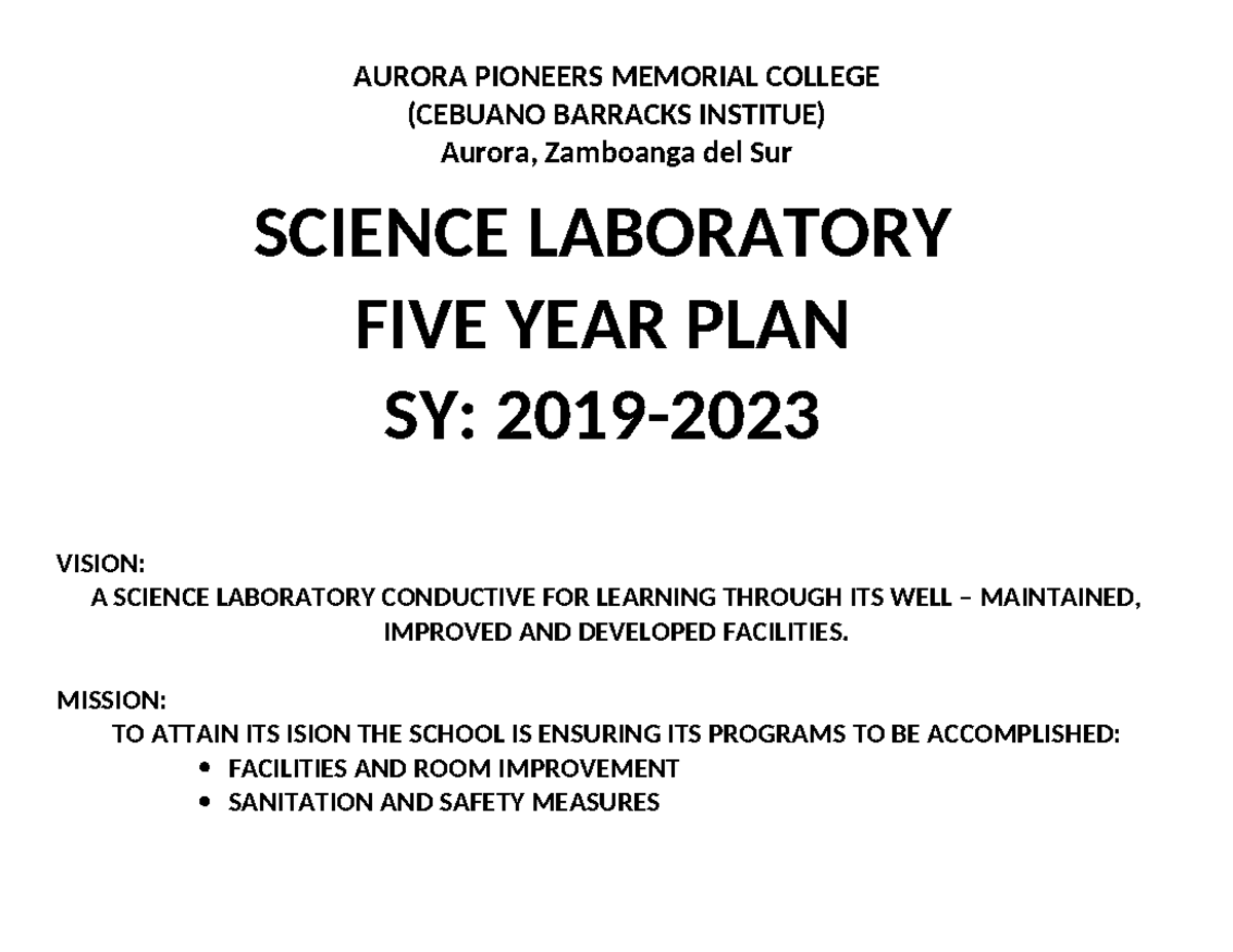 Five-Year Plan for Science Laboratory Improvements - SY 2019-2024 - Studocu