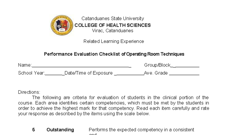 CSU CHS Related Learning Experience: OR Techniques Evaluation Checklist ...