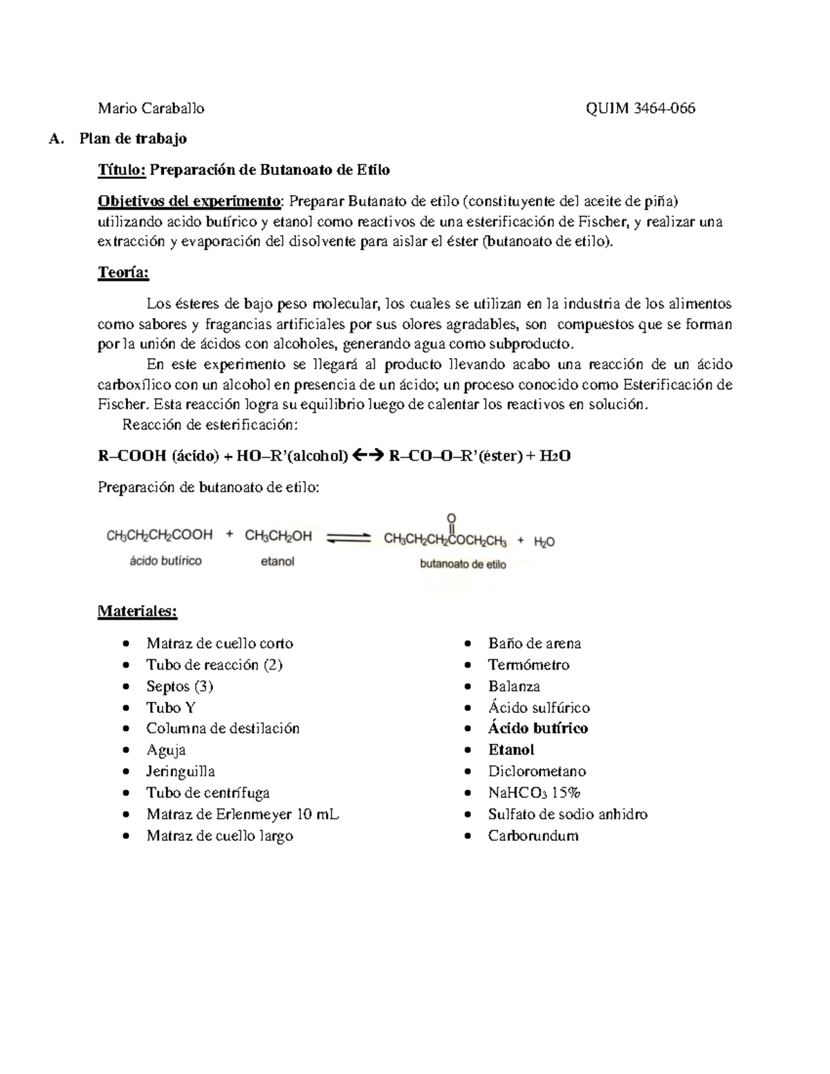 Preparación de Butanoato de Etilo - QUIM 3464 Laboratorio II - Studocu