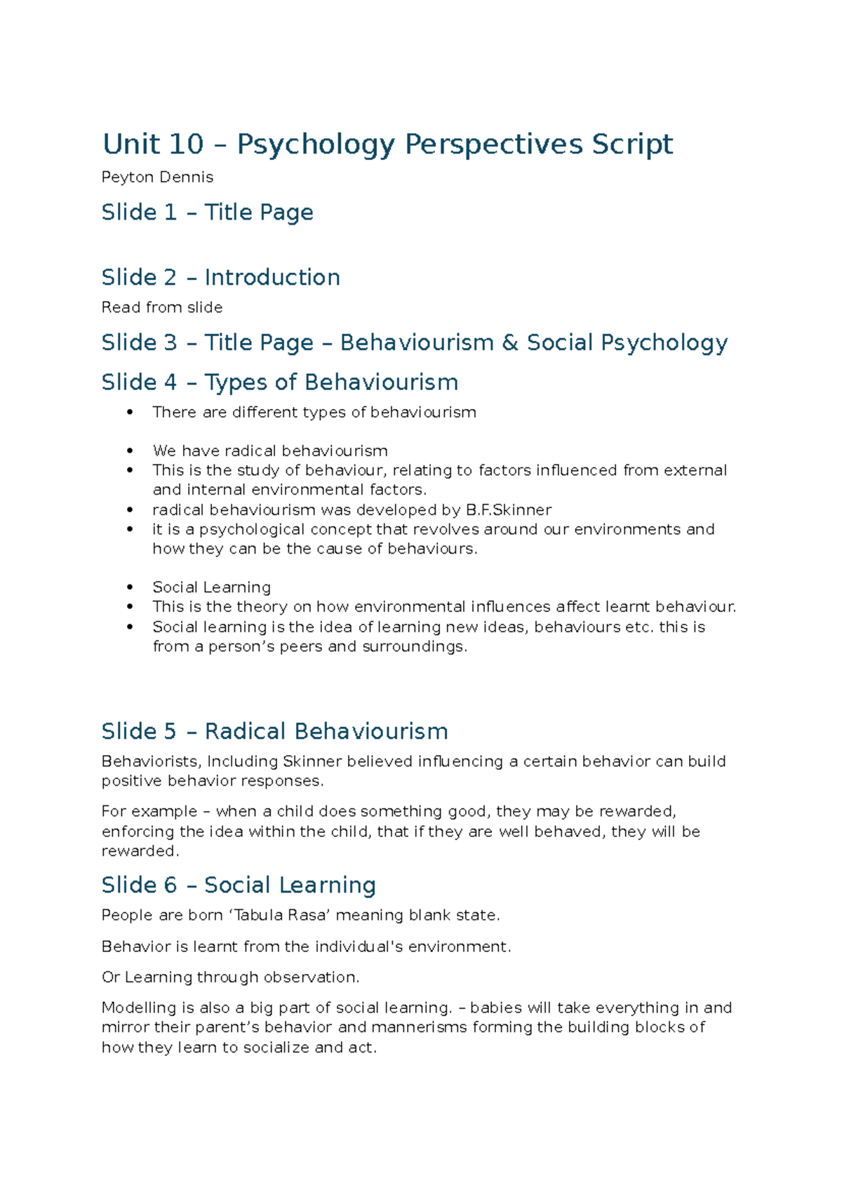 Unit 10 - Psychology Perspectives: Behaviourism & Social Psychology ...