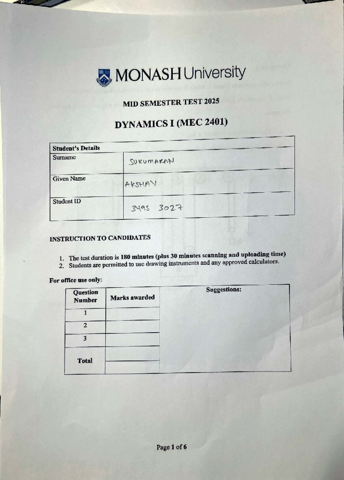 MEC 2401 Mid Semester Test 2025 - Dynamics I Details - Studocu