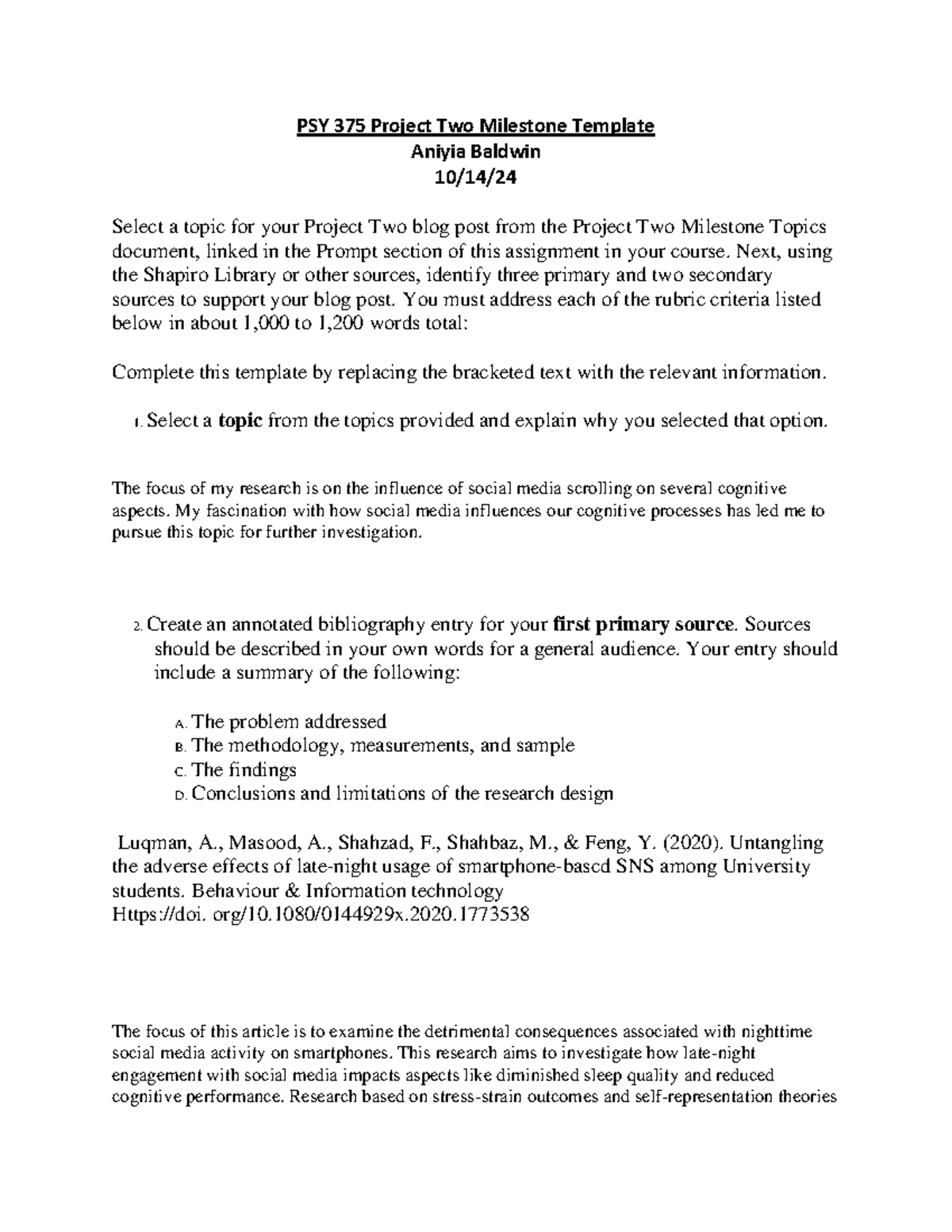 PSY 375 Project Two Milestone Template - PSY 375 Project Two Milestone ...