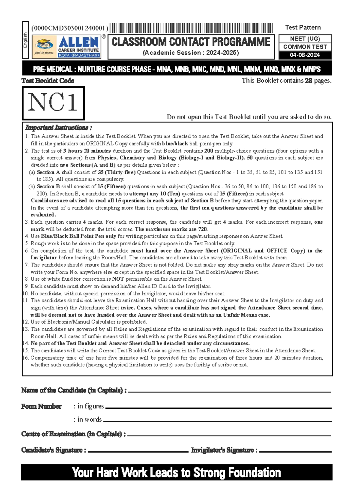 Final Exam Paper for NEET (UG) - Nurture Course Phase MNA, MNB, MNC ...