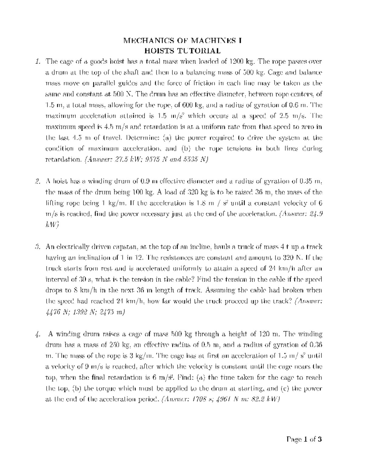 MECHANICS OF MACHINES 1 HOISTS TUTORIAL PRACTICE NOTES - Studocu