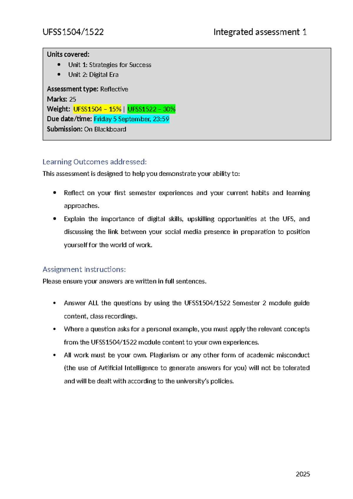 Integrated Assessment 1 Worksheet: Strategies for Success & Digital ...
