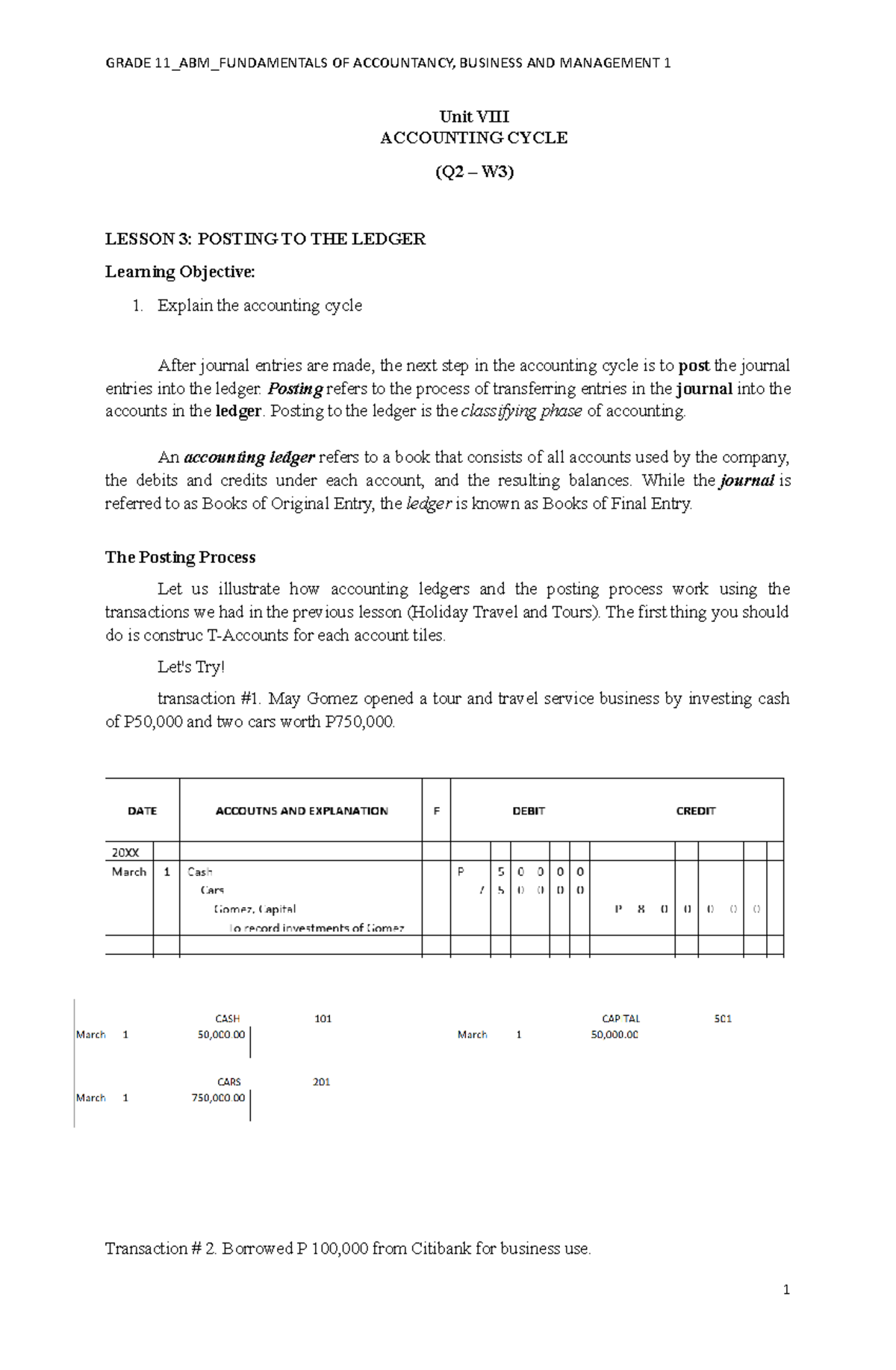 Acctg 1 Q2W3 - Lesson Plan on Posting to the Ledger & Trial Balance ...