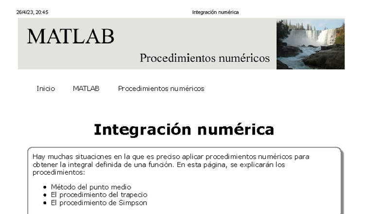 20:45 Integración Numérica: Métodos y Procedimientos en MATLAB - Studocu