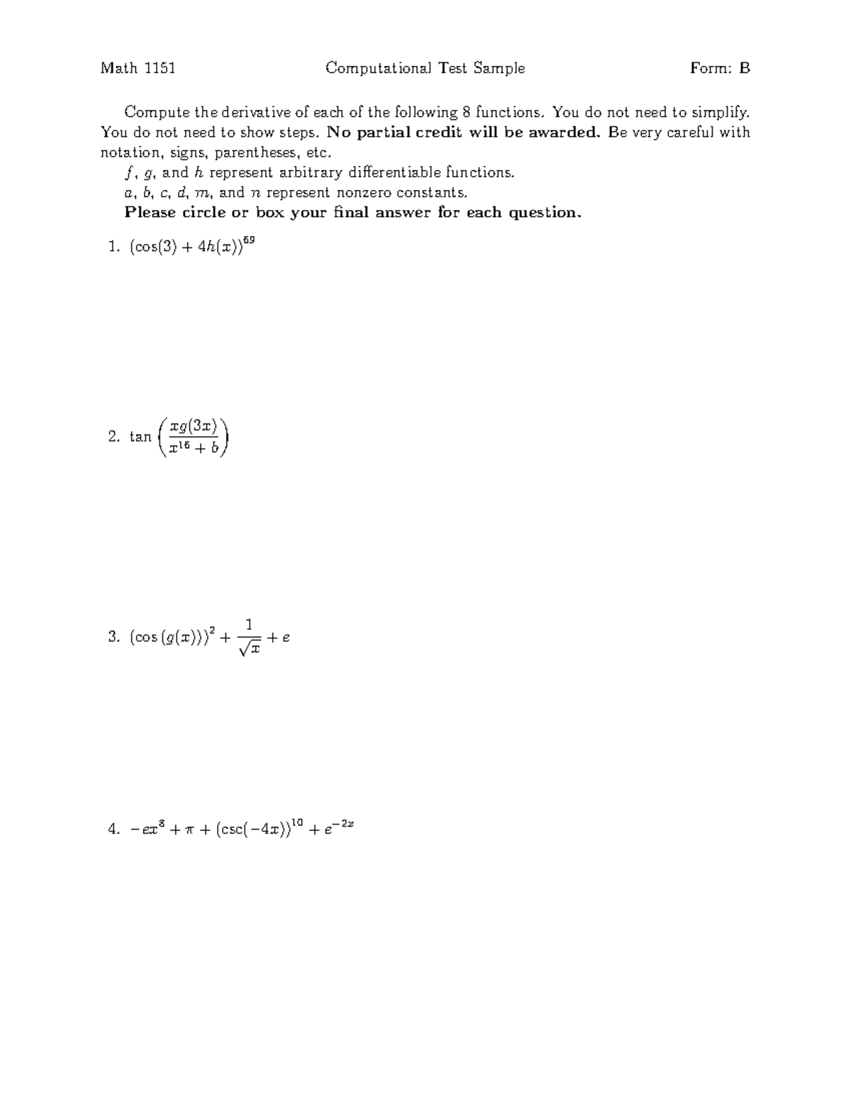 1151CT 2 - one of the computations tests for practice - Math 1151 ...