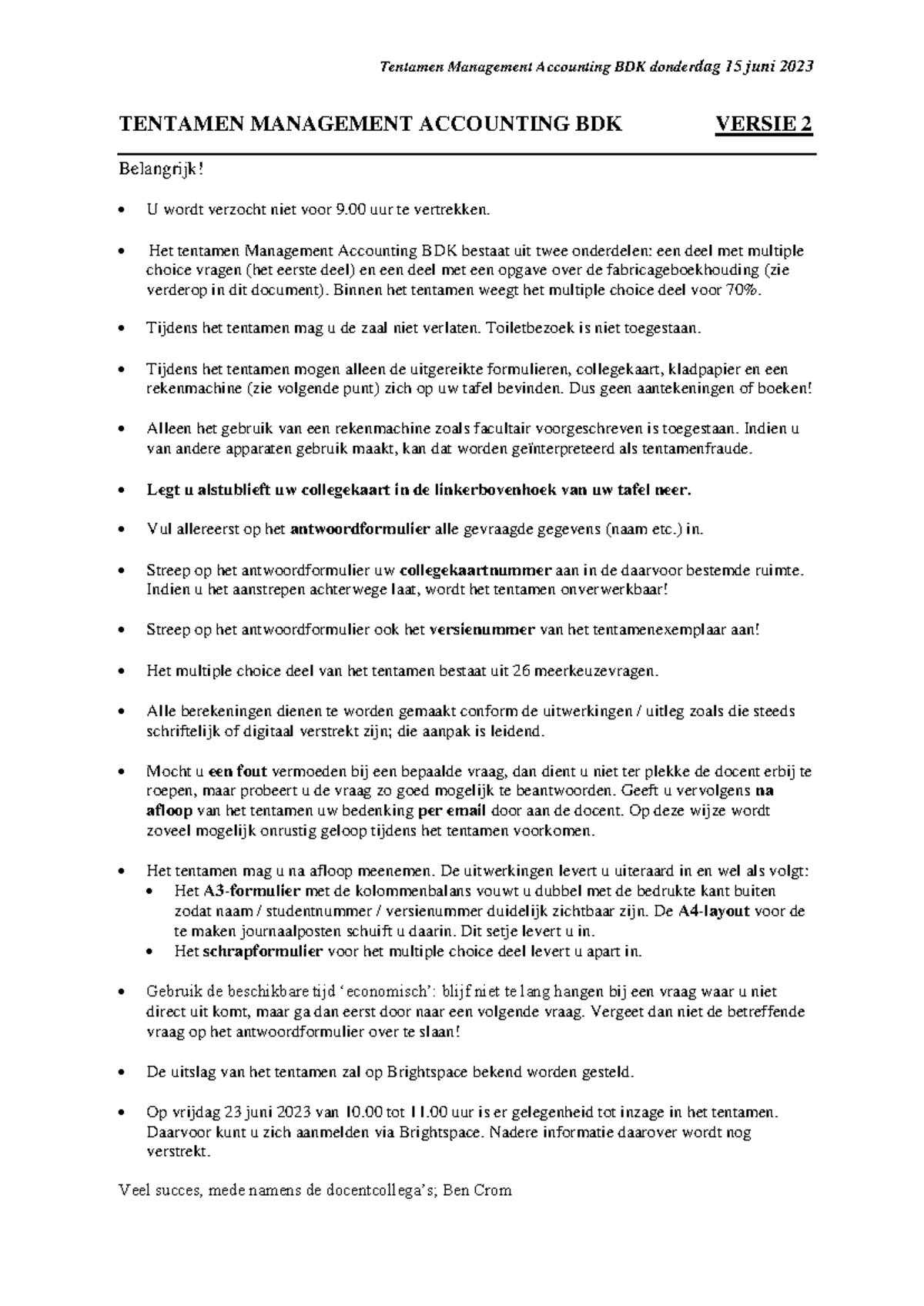 Tentamen Management Accounting BDK - Versie 2 - 15 juni 2023 - Studeersnel