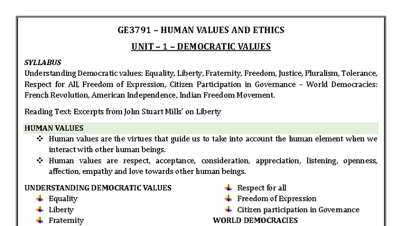 GE3791 HUMAN VALUES AND ETHICS UNIT 1: DEMOCRATIC VALUES NOTES - Studocu