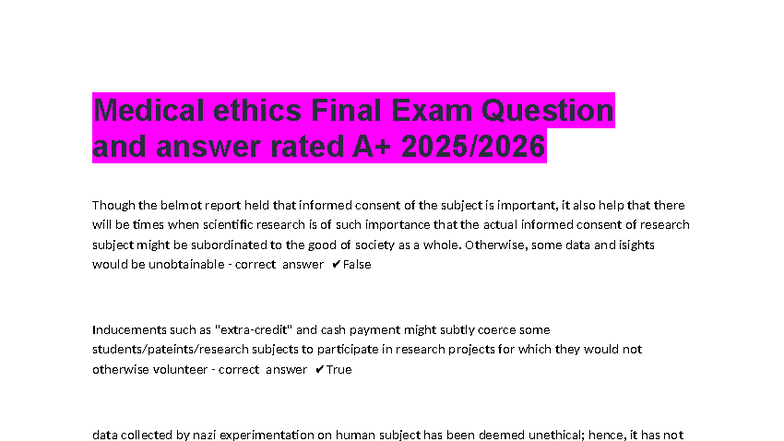 Medical Ethics 101: Final Exam Q&A Insights and Analysis - Studocu
